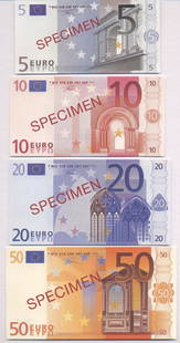 2001 Euro Specimen Set Of Seven Uncirculated Notes