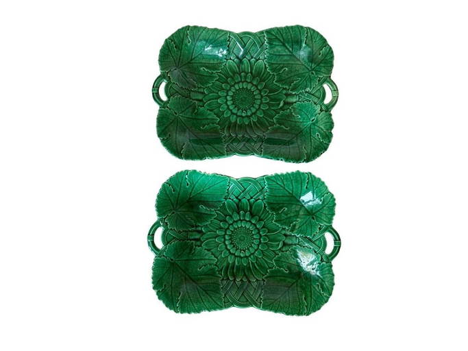 Antique Wedgwood Majolica Green Sunflower Trays, Pair