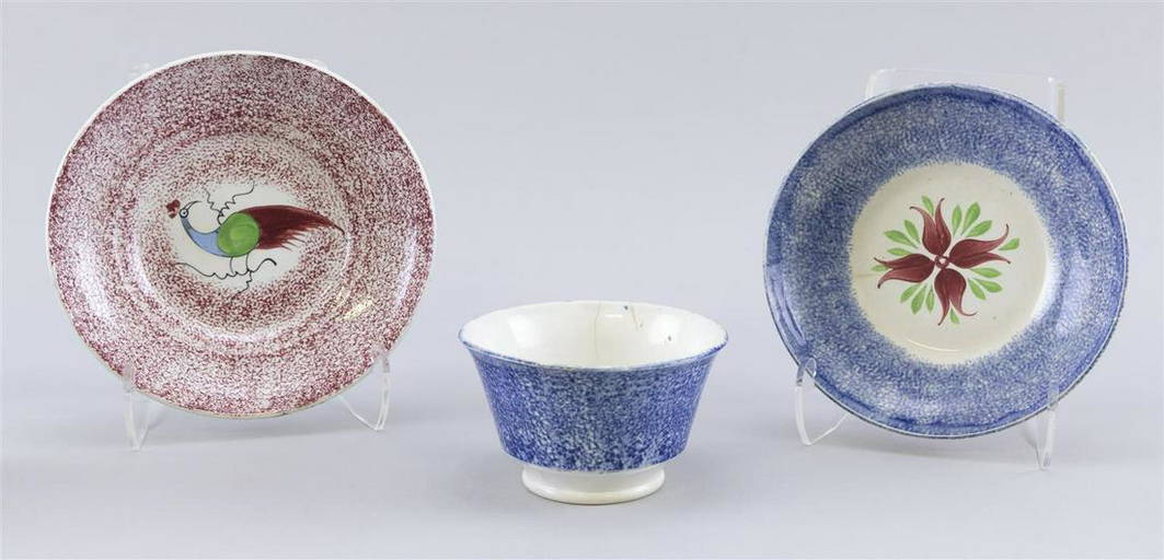 Three Pieces Of Spatterware Pottery Two Saucers, One