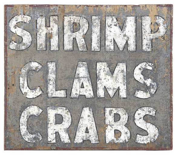 Painted Wooden “shrimp Clams Crabs" Sign 20th Century