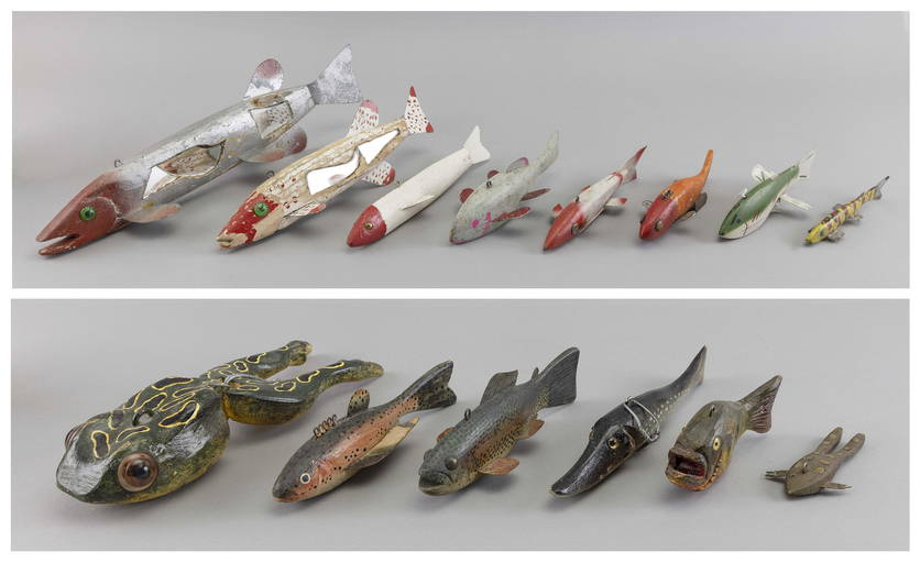 FOURTEEN HAND-CARVED AND PAINTED FISH DECOYS 20th Century Lengths from ...