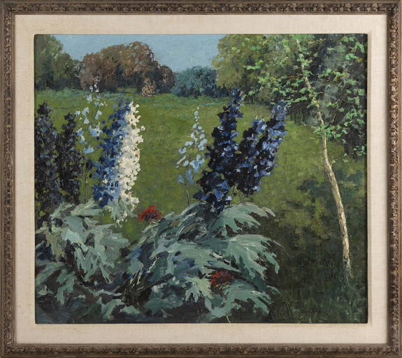 PETER SCHEER (Europe, 20th Century), Larkspur in a landscape., Oil on ...