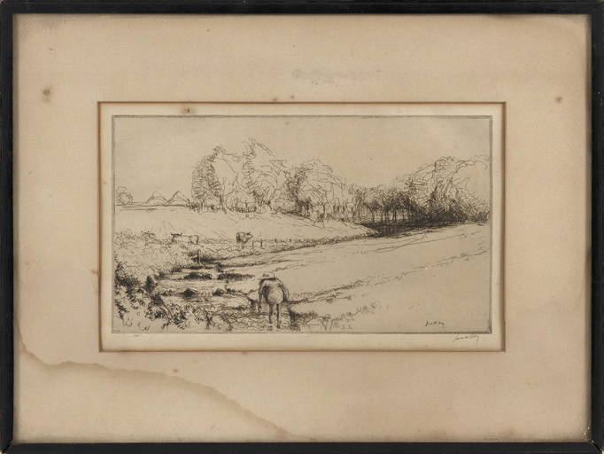 JAMES MCBEY (Scotland, 1883-1959), Girl and cows., Etching, 7” x 11.75 ...