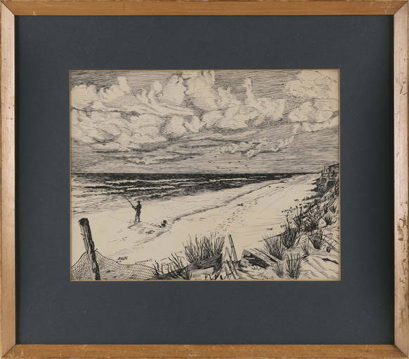 WILLIAM KASTNER, JR. (America, 20th Century), Surf caster., Pen and ink ...
