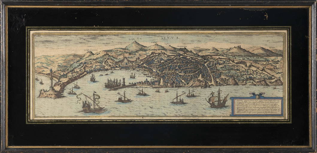 HAND-COLORED ENGRAVING OF GENOVA 16th Century 6.75” x 19.5” sight ...