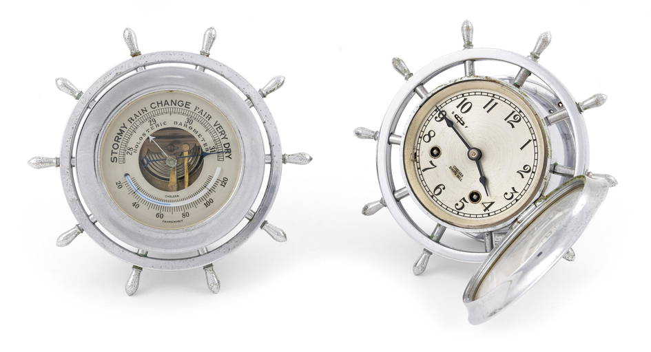 CHELSEA NICKEL-PLATED SHIP'S WHEEL CLOCK AND BAROMETER SET ...