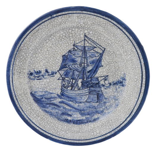Rare Dedham Pottery Ship Mayflower Plate Early 20th Century Diameter 10”.