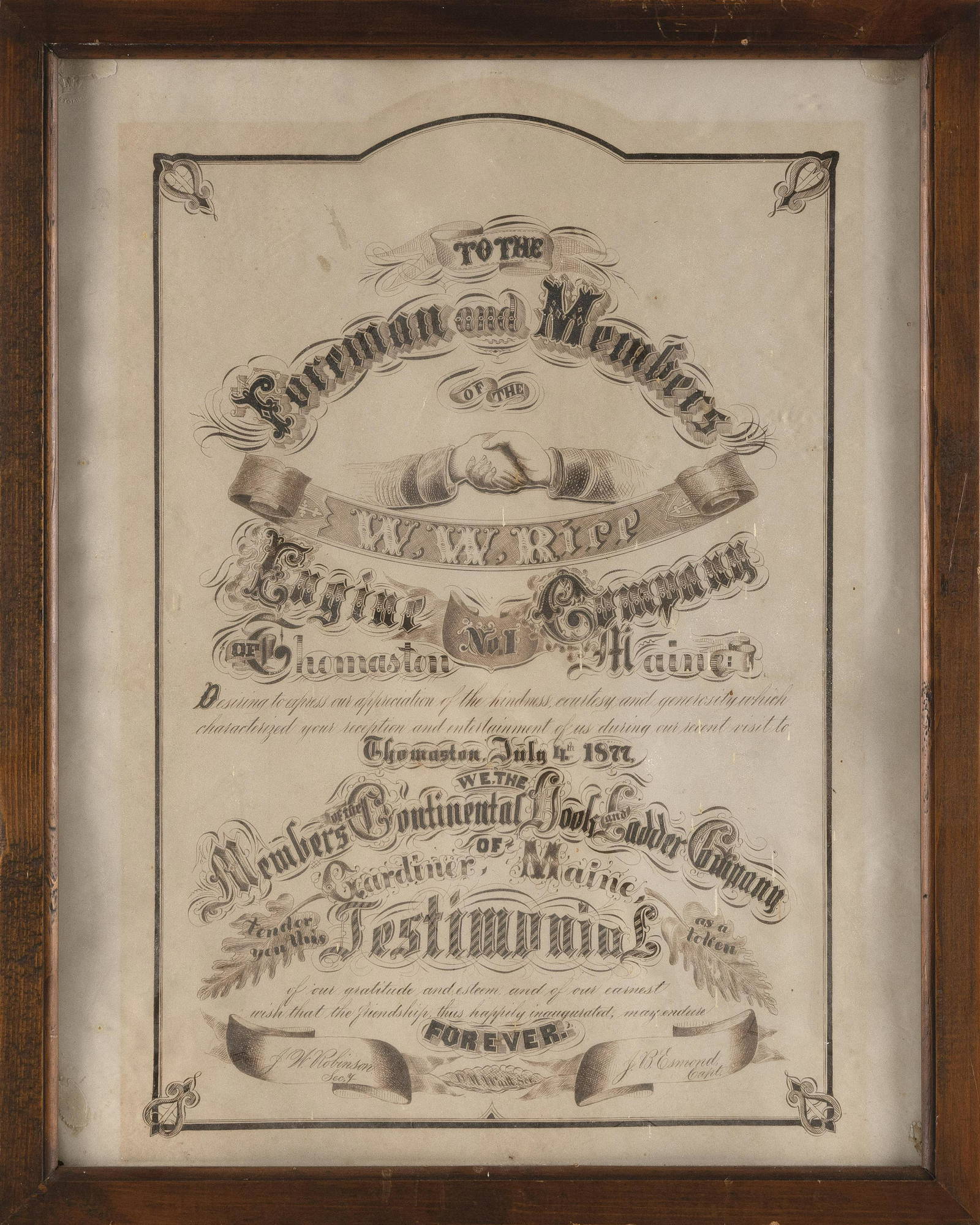 MAINE FIRE DEPARTMENT TESTIMONIAL CALLIGRAPHY Framed 19.75” x 15.75 ...