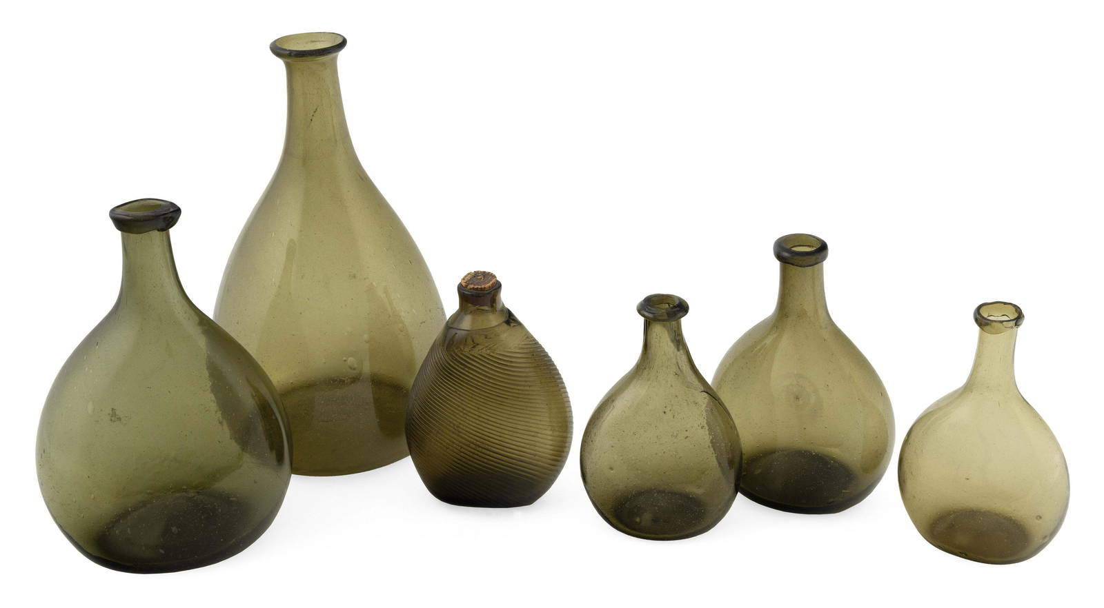 Six Olive Green Blown Glass Flasks And Bottles America First Half Of