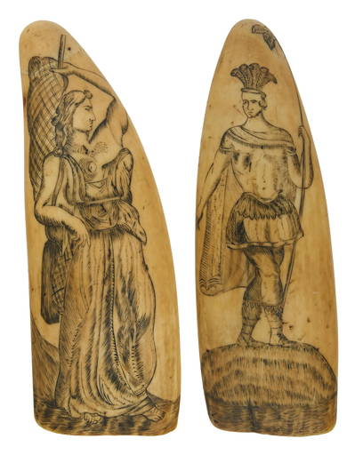 Pair Of Scrimshaw Whale's Teeth Attributed To Samuel W. Tenney 19th ...
