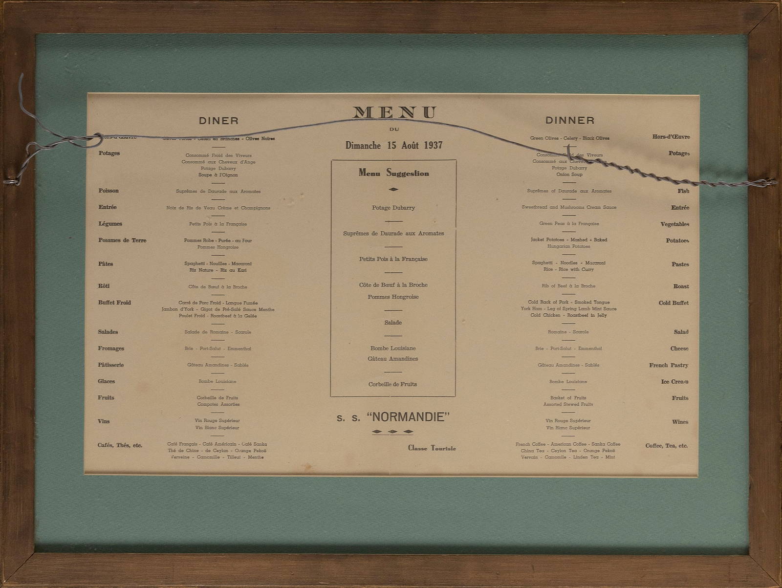 Two Menus From The S.s. "normandie" Ocean Liner Framed 15" X 20". Auction