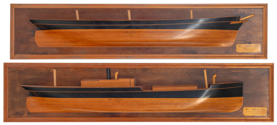 Two Mounted Half Hull Models 20th Century Backboard Lengths 50” And 54”.