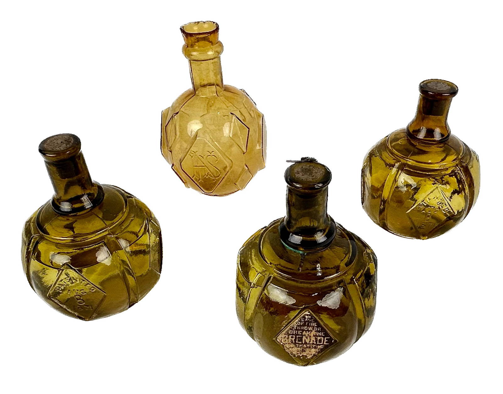 Four Amber Glass Fire Grenades 19th Century Heights From 6.5" To 7.5 ...
