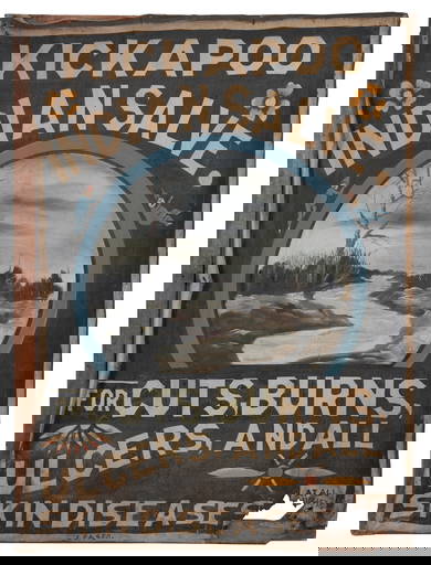 Kickapoo Indian Salve. Painted Canvas Trade Sign 19th Century 72" X 53.5".