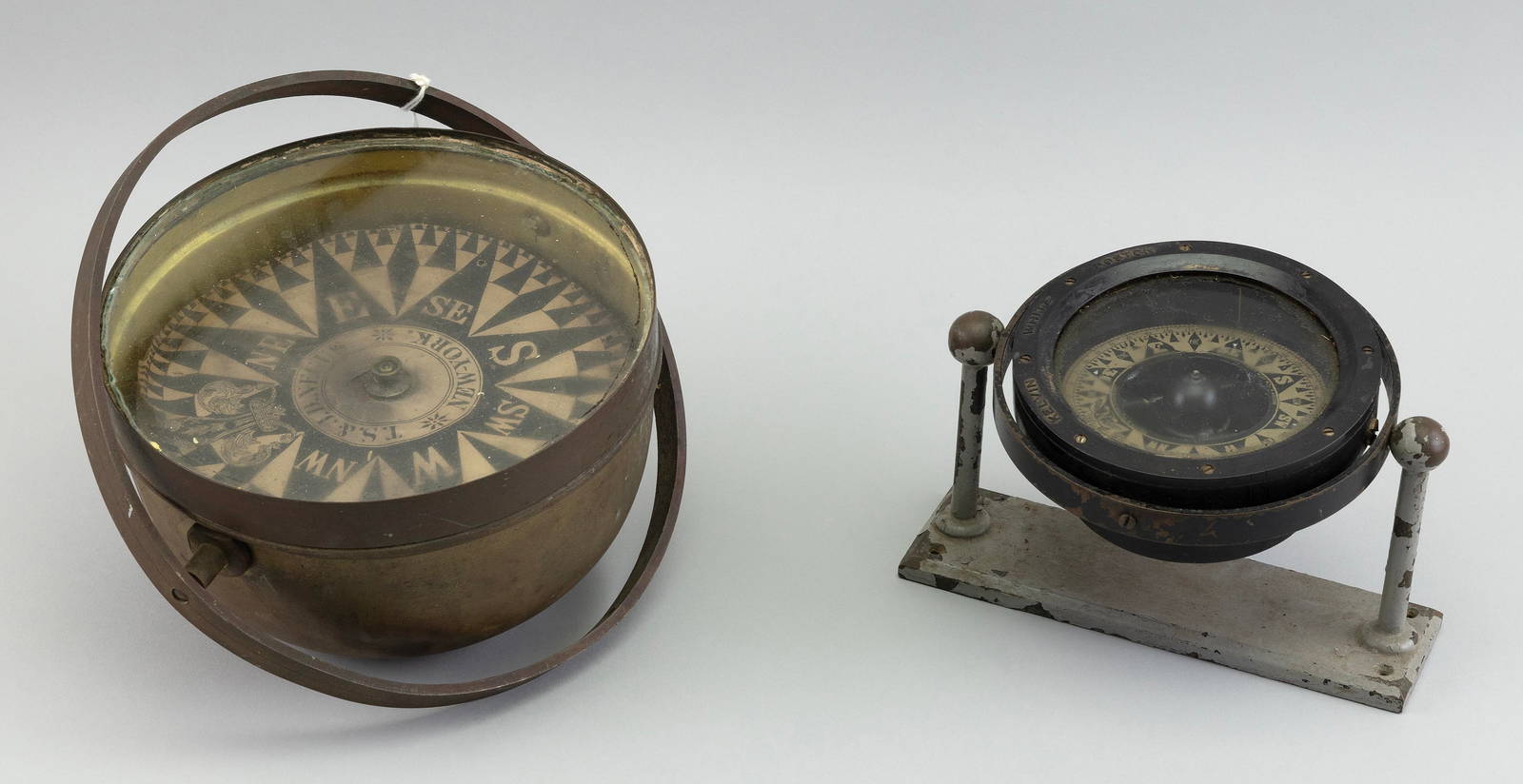 Two Gimballed Compasses 19th/early 20th Century Diameters 6.25" And 10. ...