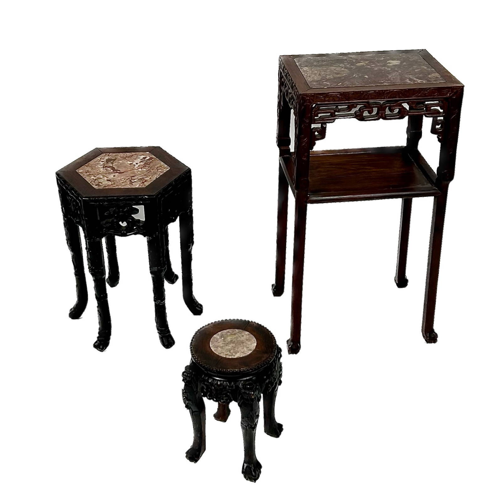 Three Chinese Carved Wood Taborets With Inset Marble Tops Late 19th ...
