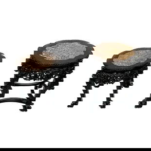 Three Chinese Carved Wood Taborets With Inset Marble Tops Late 19th ...