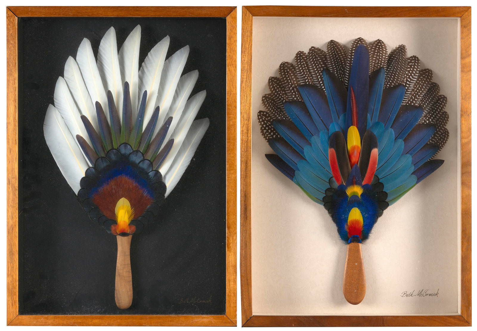 Beth Mccormick (hawaii, 20th Century), Two Feather Fans., Framed 21" X ...