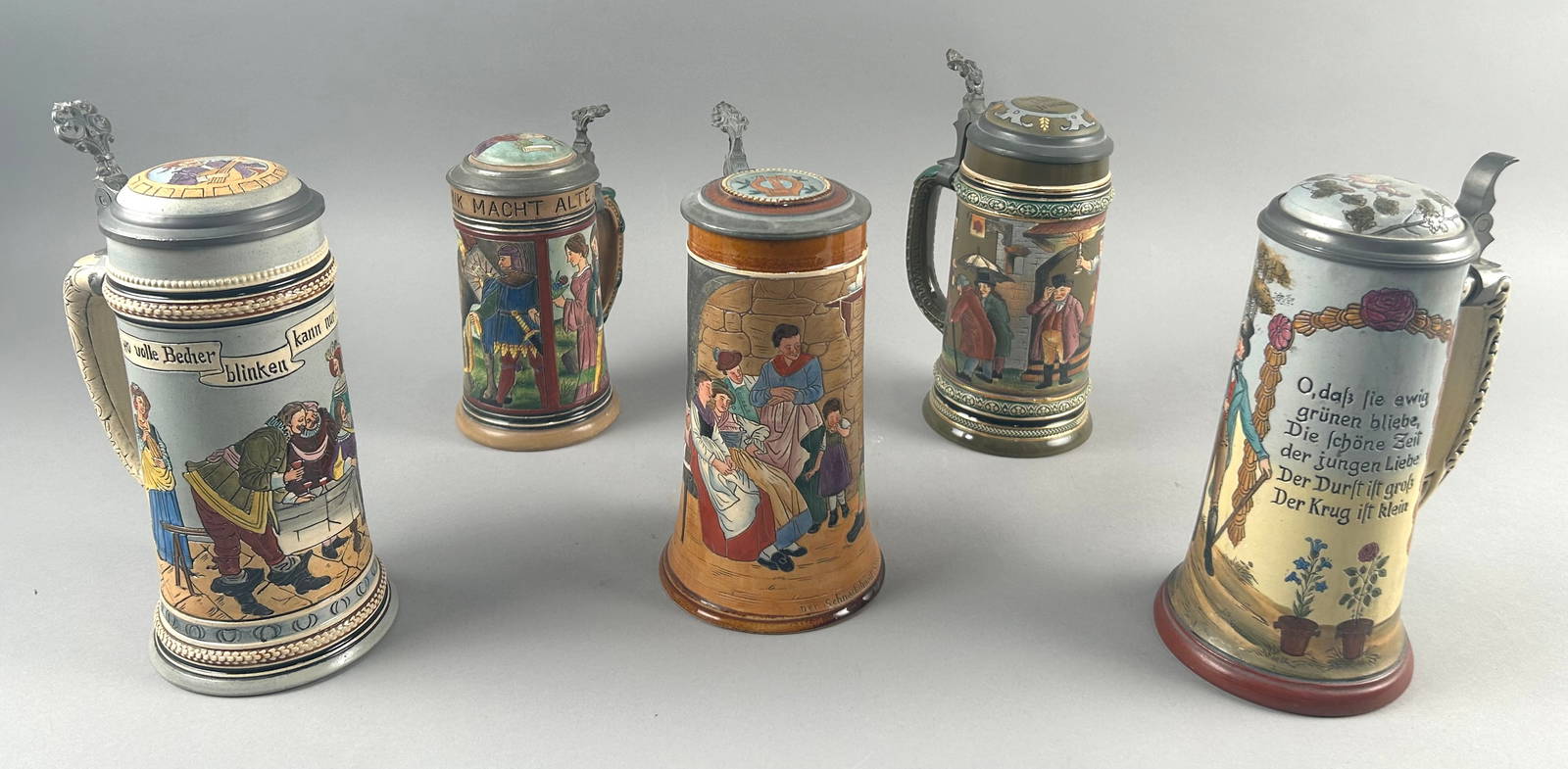 Five German .5l Steins 20th Century Heights From 7" To 9". Auction