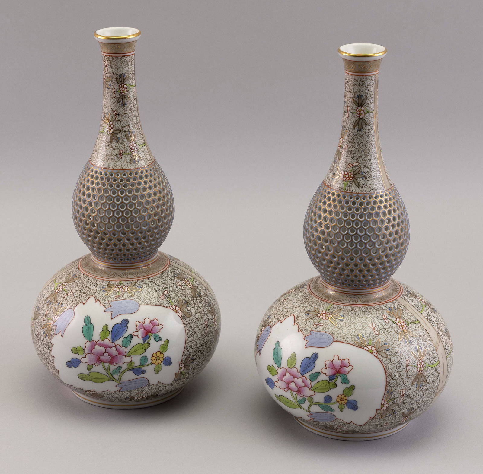 Pair Of Herend Porcelain "cubash" Double Gourd Vases 20th Century ...