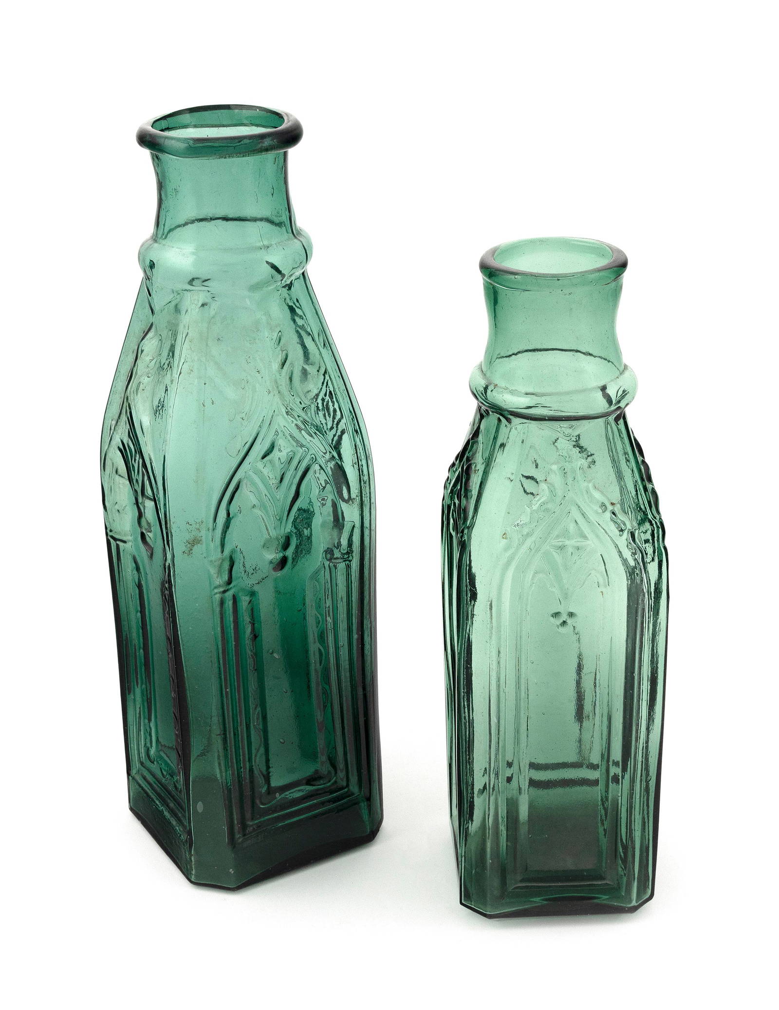 Two Gothic-molded Emerald Green Glass Pickle Bottles America, 19th ...