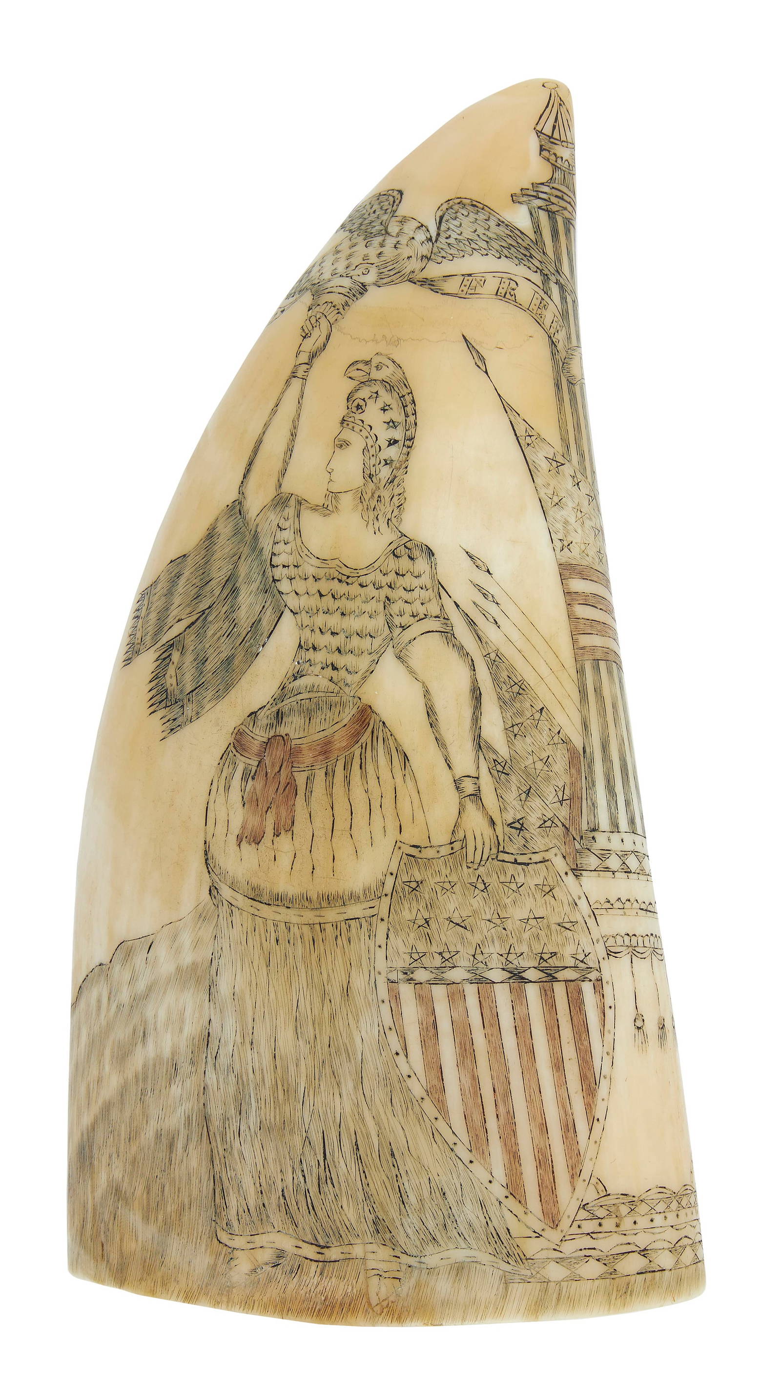 Polychrome Scrimshaw Whale's Tooth Of Lady Liberty Attributed To Samuel ...