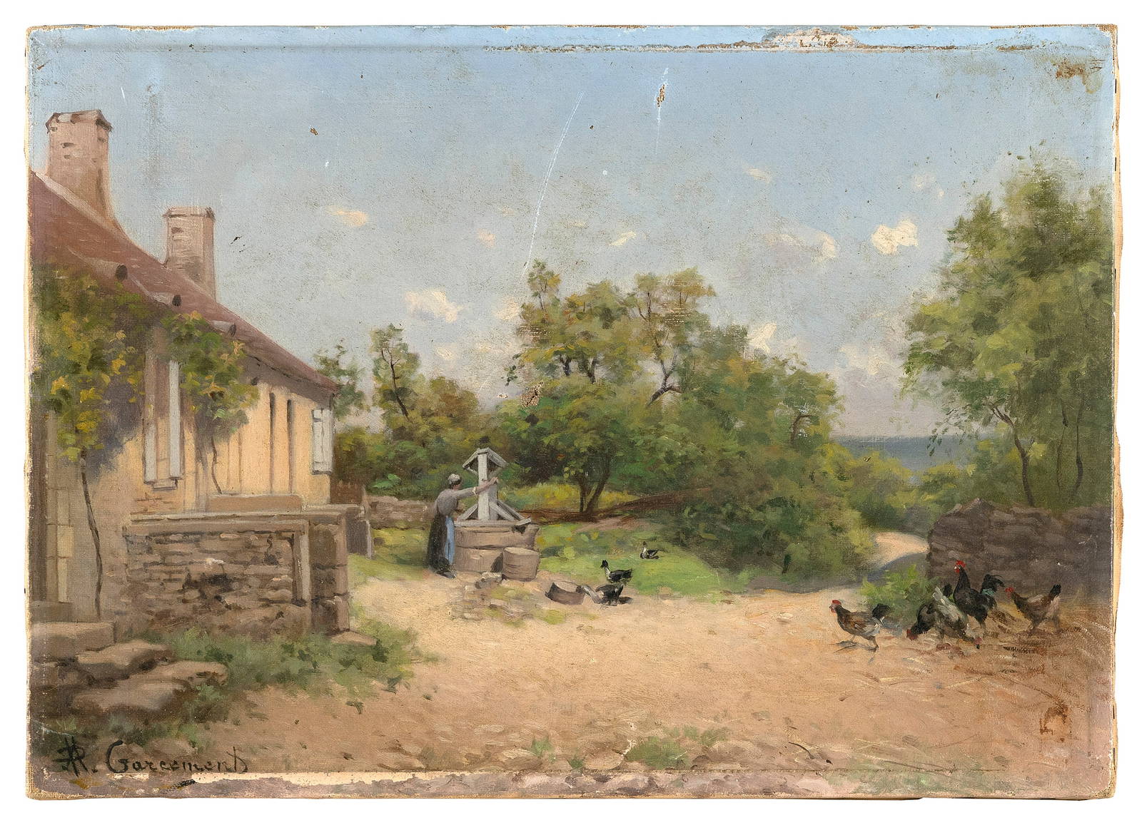 Alfred Garcement (france, 1830-1927), Farm Scene With A Woman At A Well ...