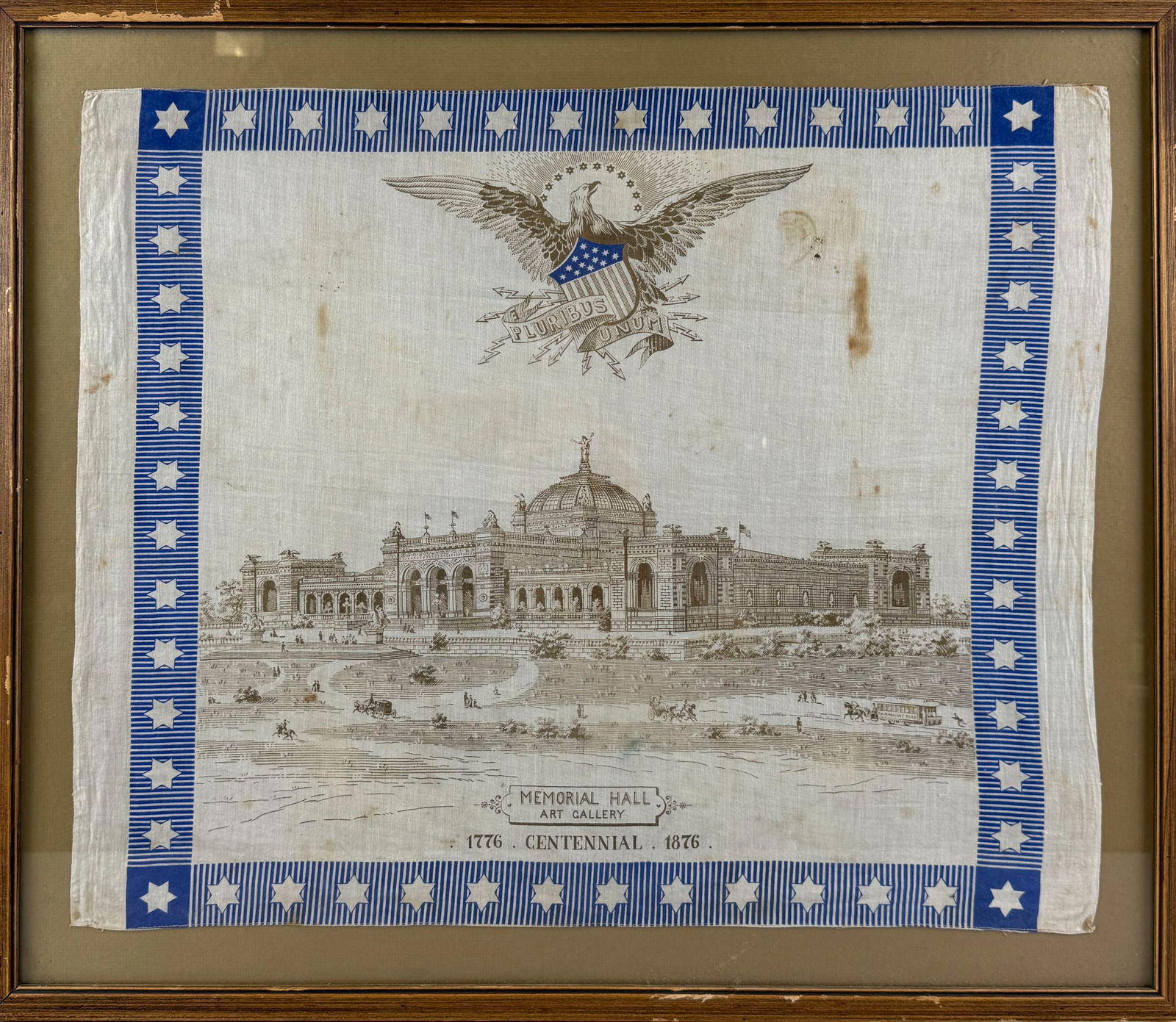 Centennial Commemorative Bandana "memorial Hall Art Gallery" America, 1876 Printed Fabric, 20" X ...