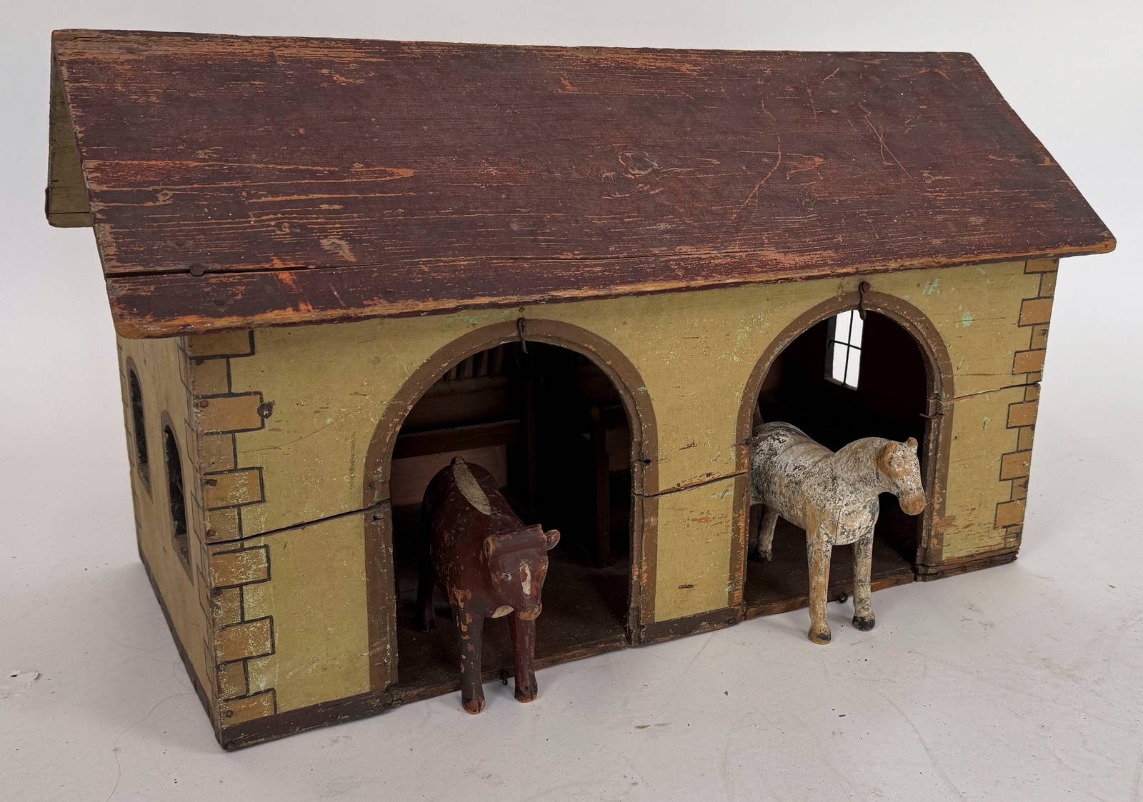 Folk Art Wooden Stable, Horse And Cow 19th Century Height 17". Width 29 ...