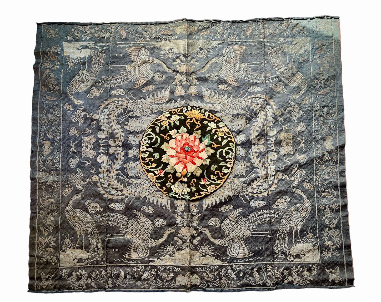 Two Antique Chinese Brocade Panels, One Rectangular And One Circular ...