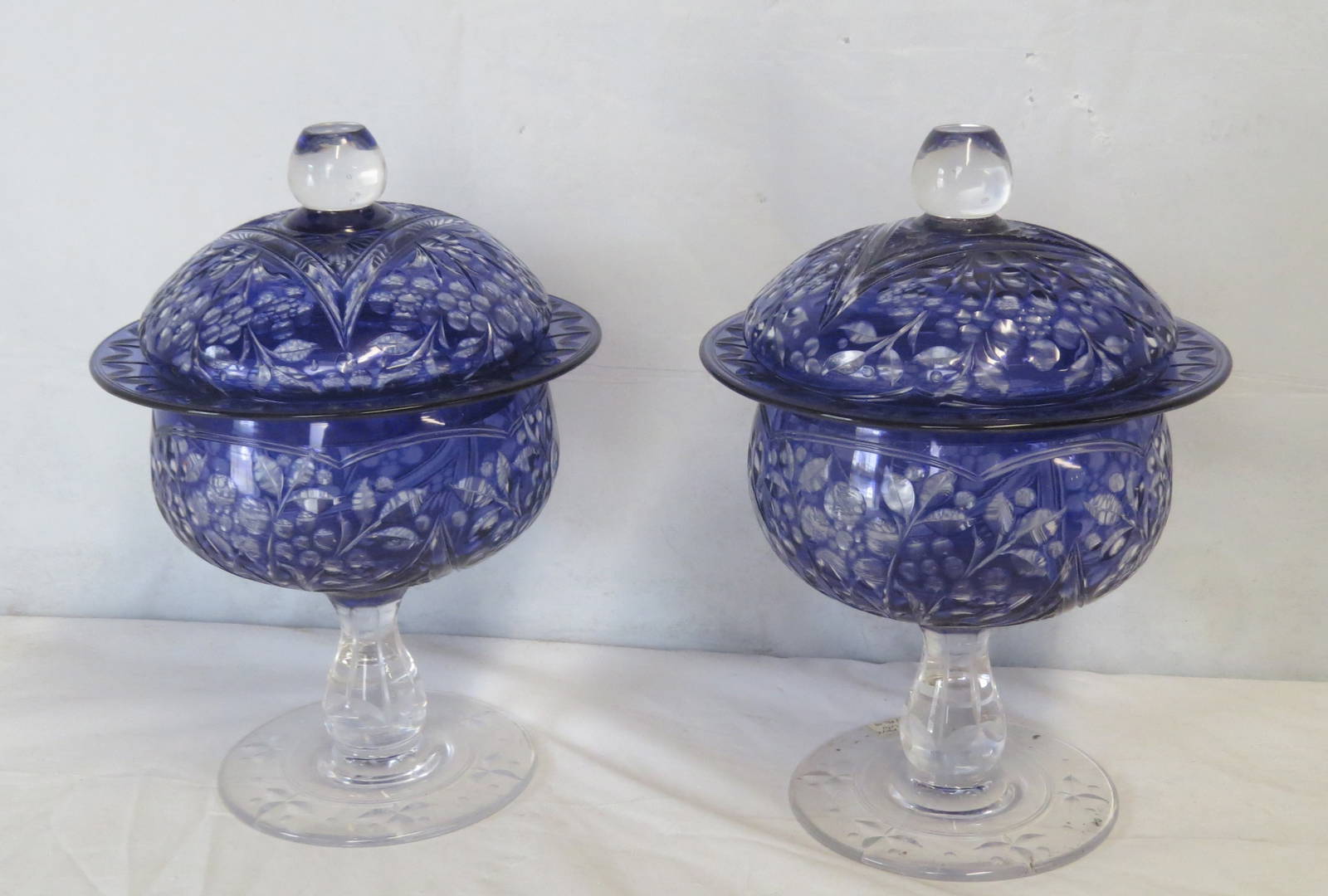 Pair Of Small American Brilliant Cut Glass Covered Compotes In Blue To ...