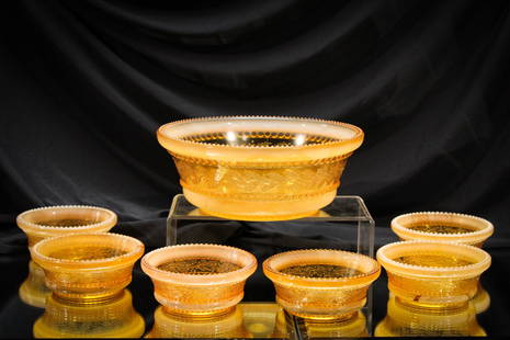 7 Pc. Greentown Victorian Glass Holly Amber Berry Set