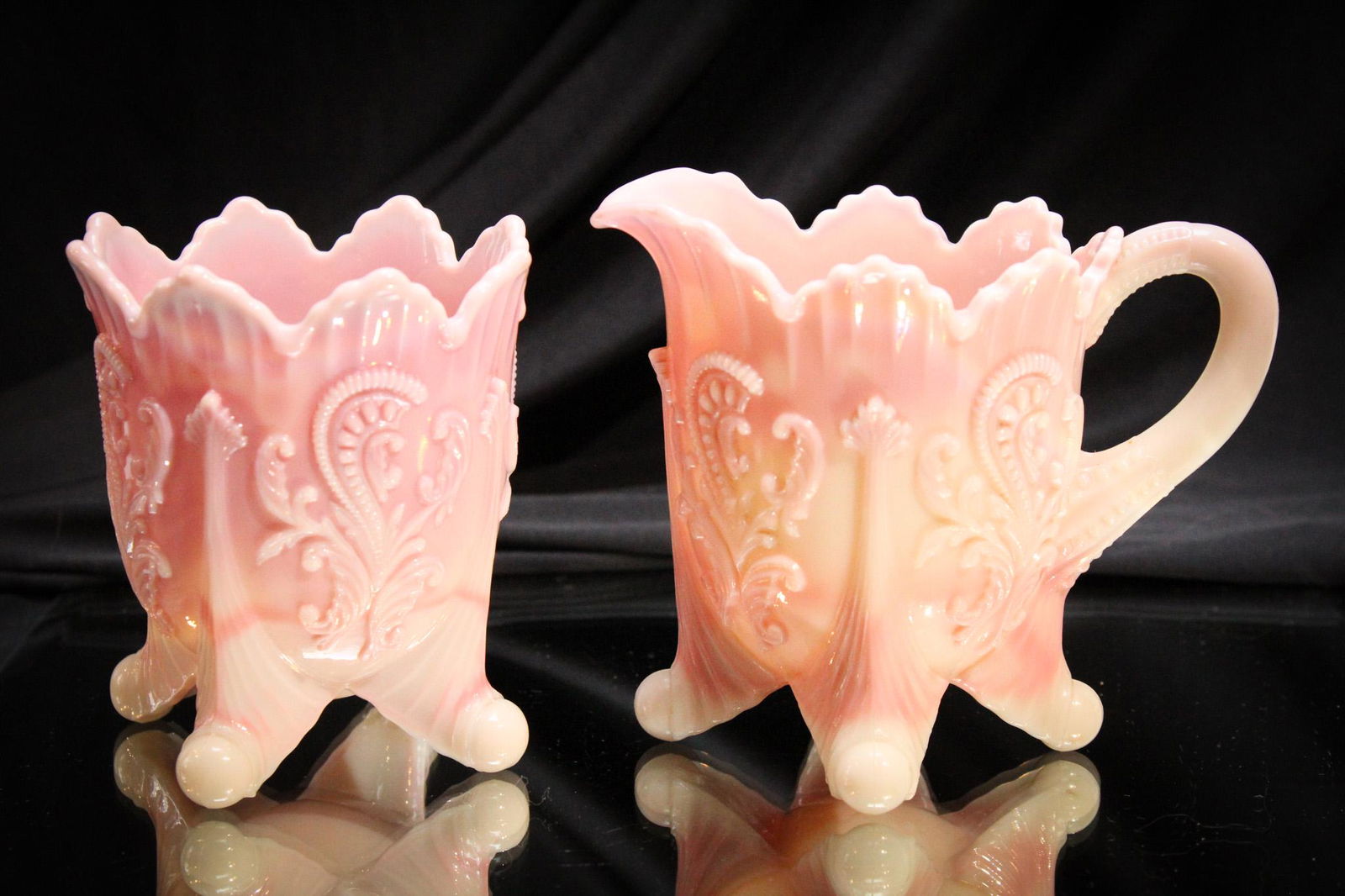 2 Pc Lot Northwood Pink Slag Glass Fan & Feather