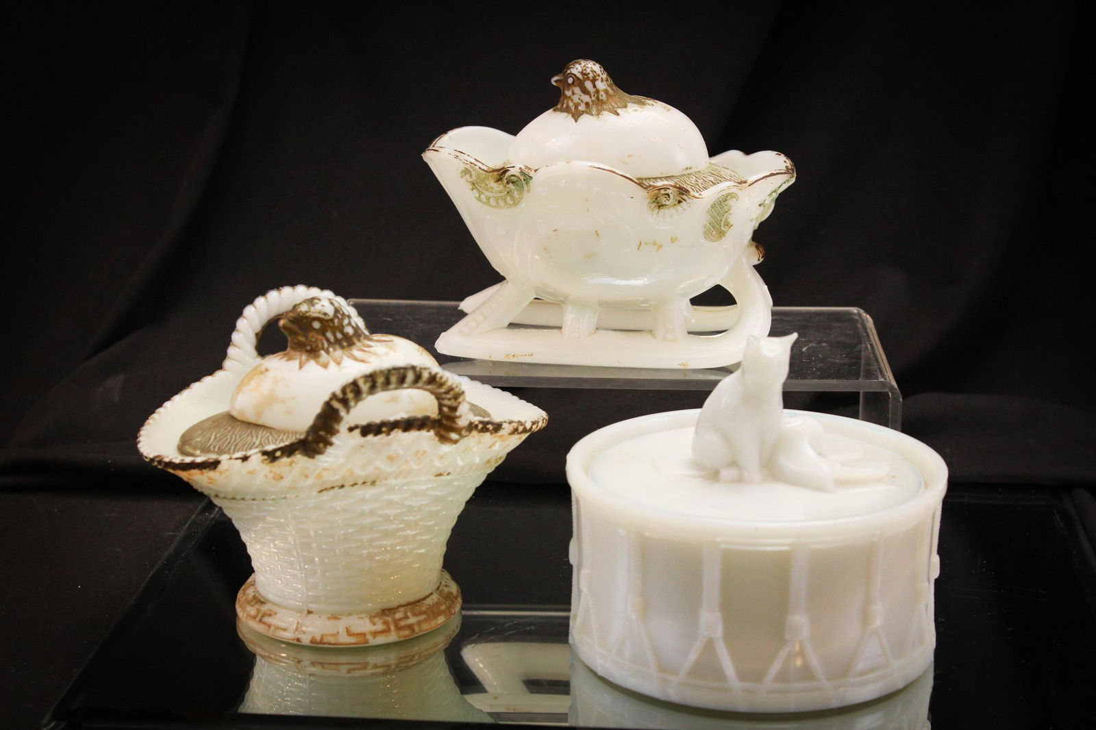 3 Pc Lot Milk Glass Covered Animal Dishes