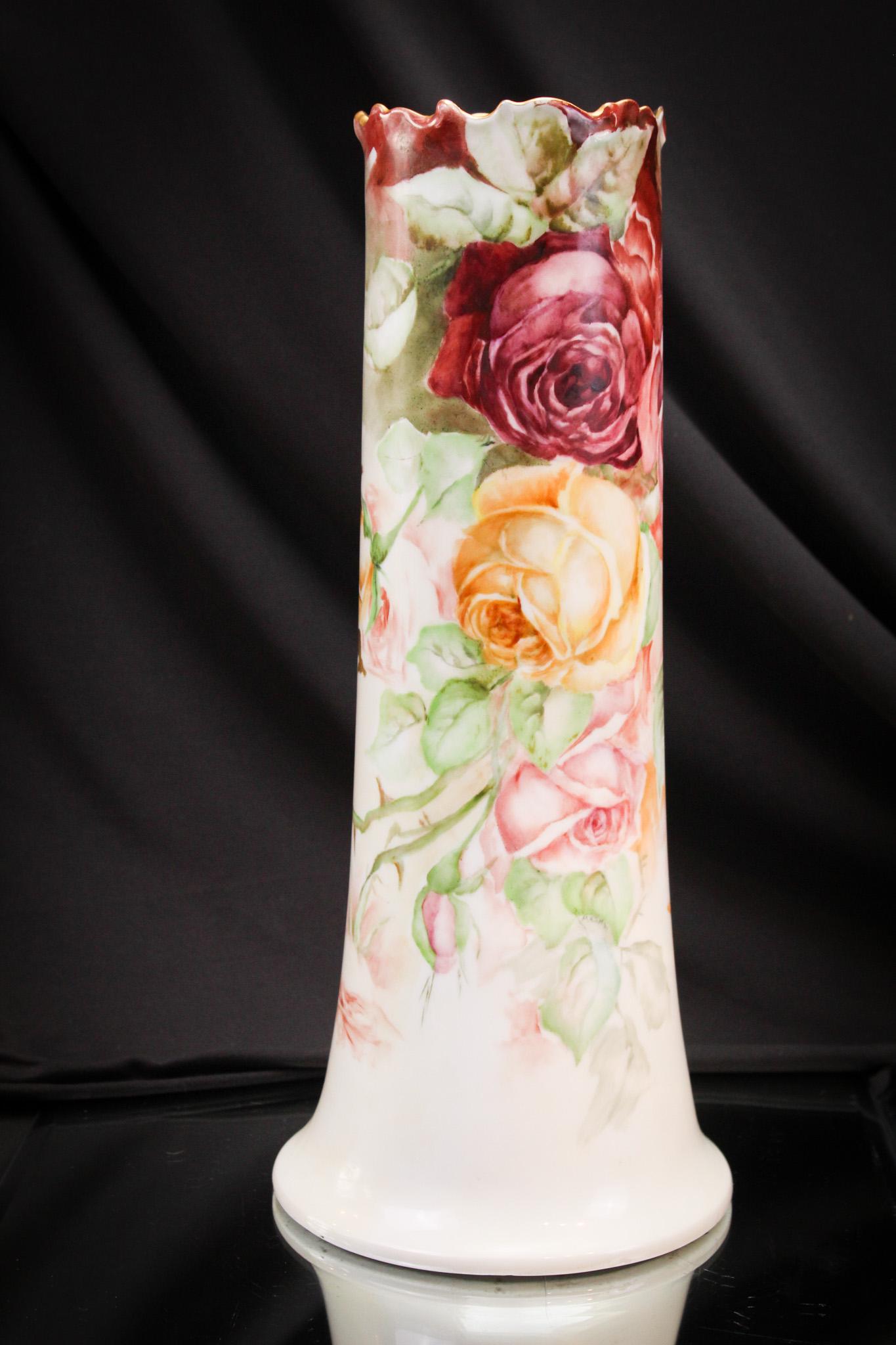 Limoges France Hand Painted Porcelain Roses & Roses 15" Vase Auction