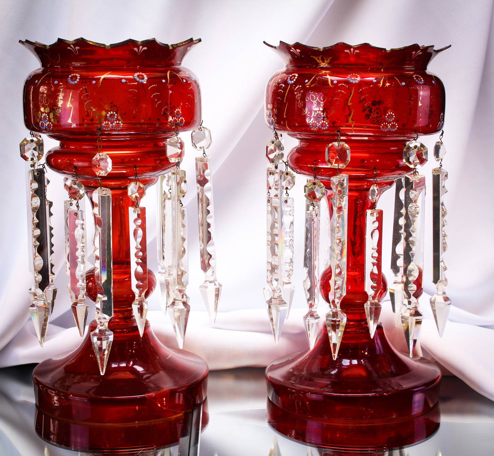 Pr. Ruby Victorian Enameled & Gilt Glass Mantle Lusters Auction