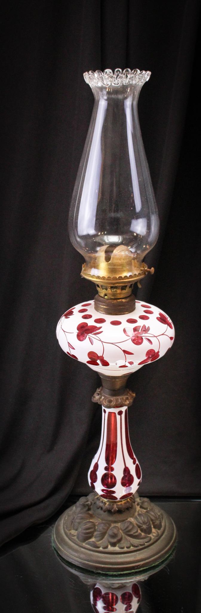 Victorian Cranberry Cut Overlay Oil Lamp