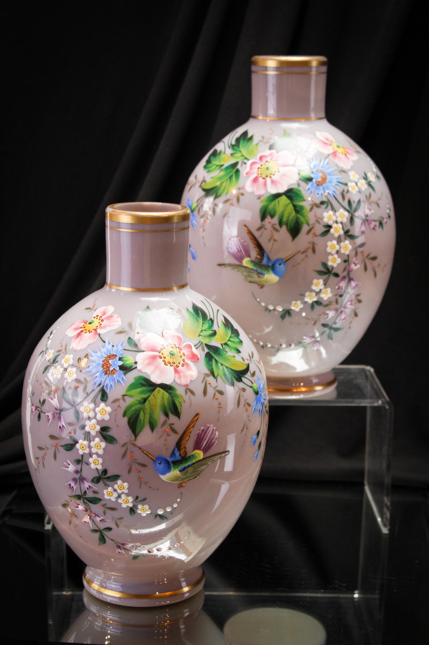 Matched Pair Victorian 10" Bristol Highly Enameled Mantle Vases Auction