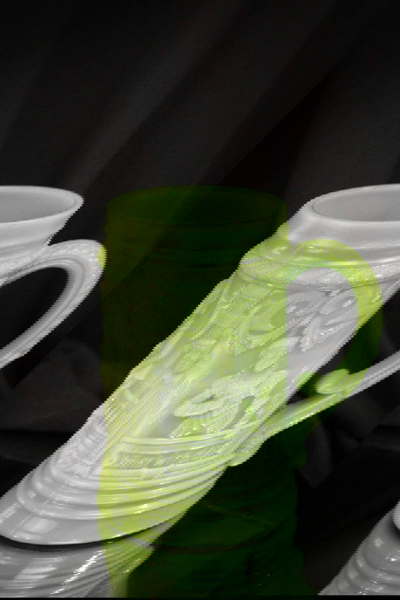 Greentown Nile Green Glass Drinking Scene Mug Auction