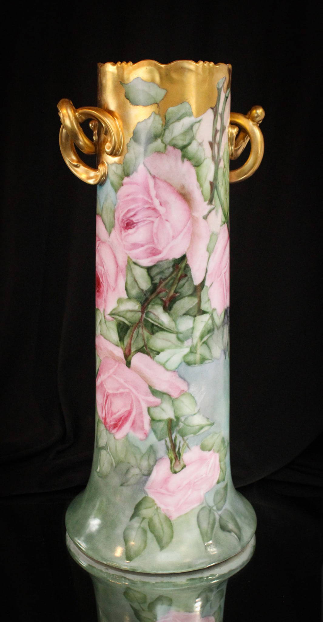 Bavaria Hand Painted Porcelain Roses 16" Vase Auction