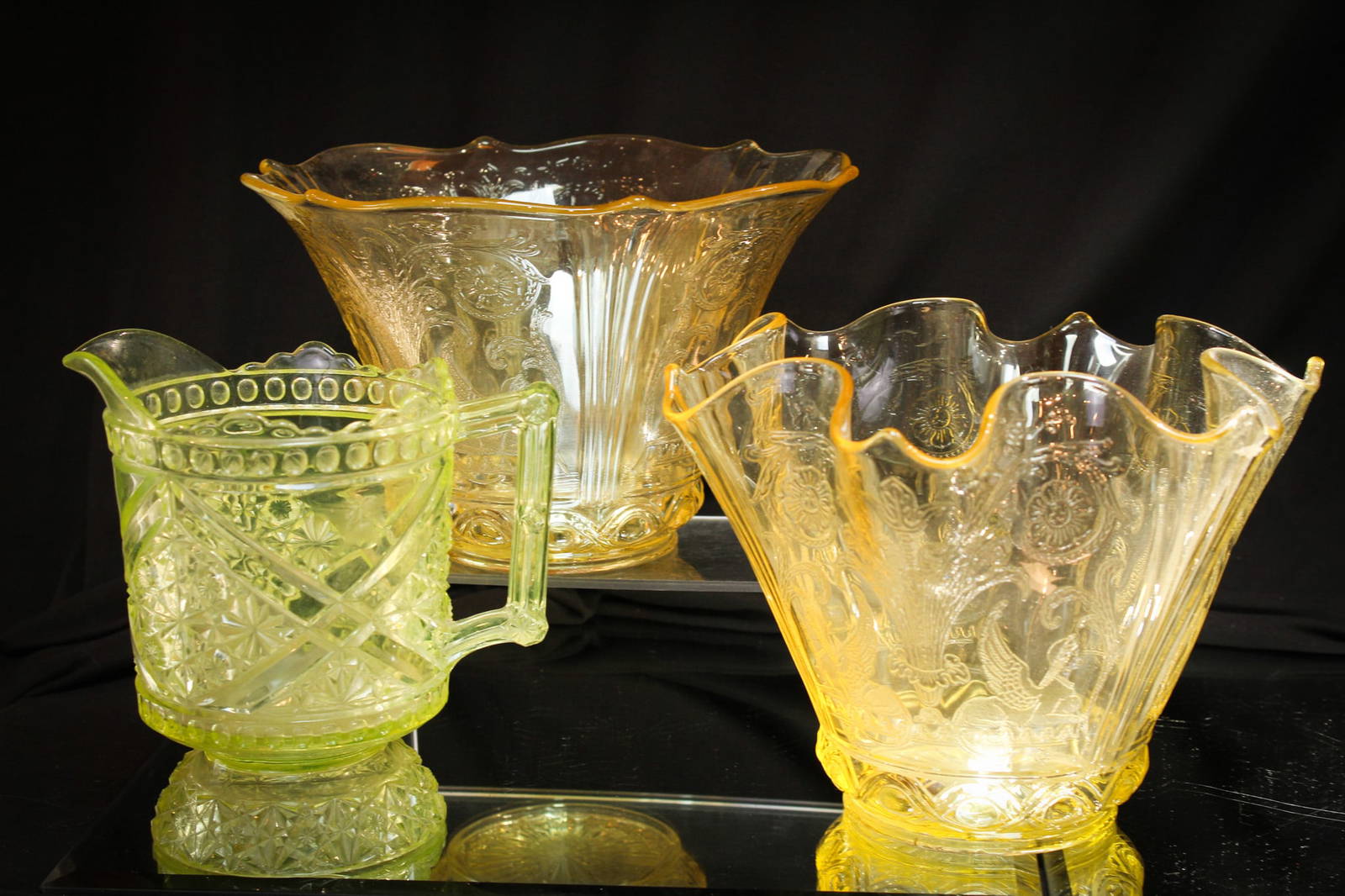 3 Pc Lot Vaseline Pitcher & Lancaster Sphinx Glass Auction