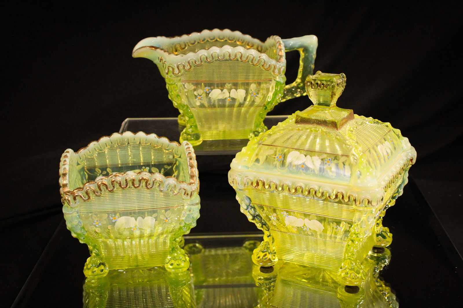 3 Pc Lot Northwood Vaseline Opalescent Alaska Table Pieces Auction