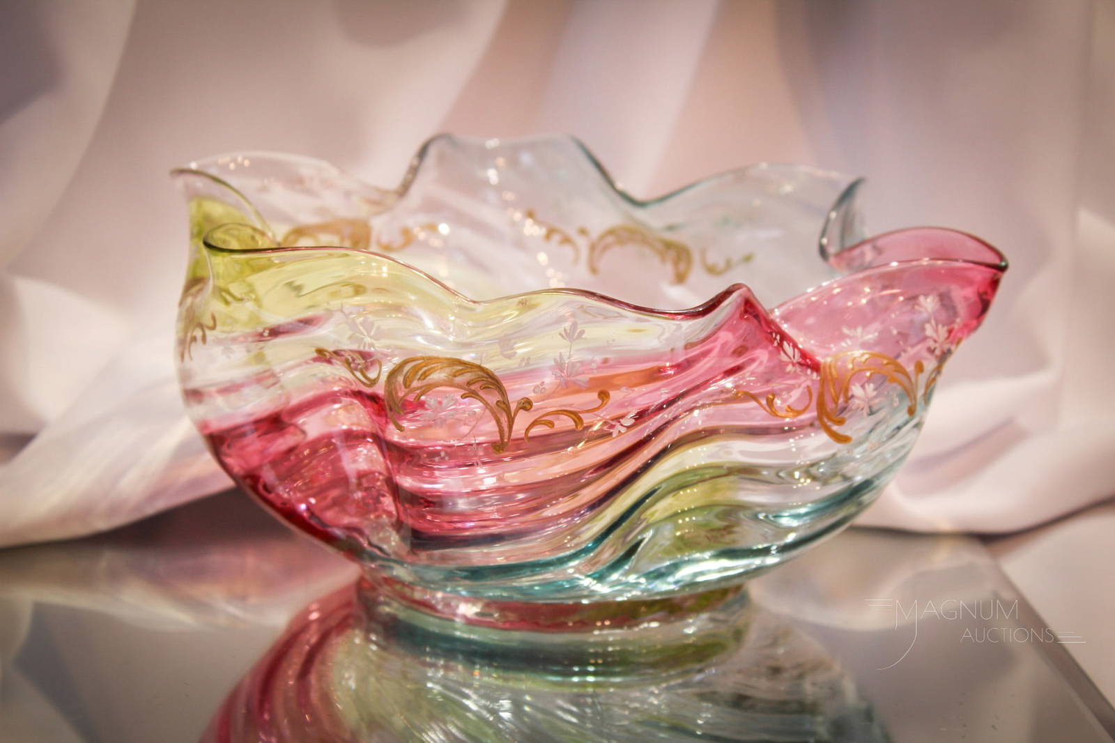 Victorian Rainbow Gilt Decorated Swirl Brides Basket Bowl Auction