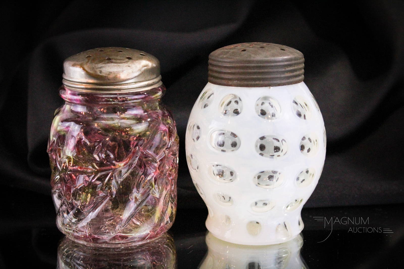 2 Pc Lot Victorian Glass Sugar Shakers Royal Ivy & Polka Dot Auction