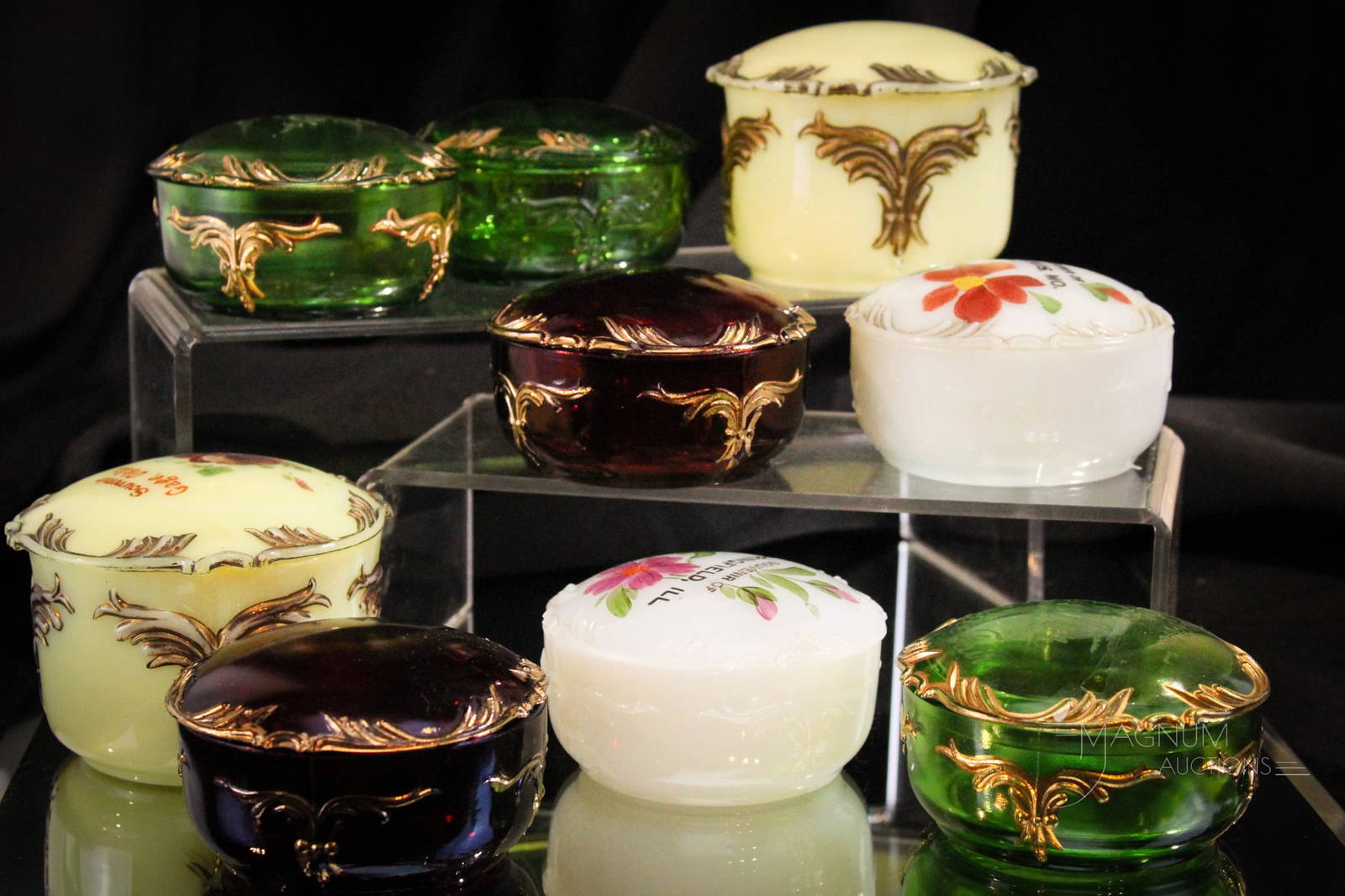 9 Pc Lot Heisey Glass Winged Scroll Puff Boxes Auction