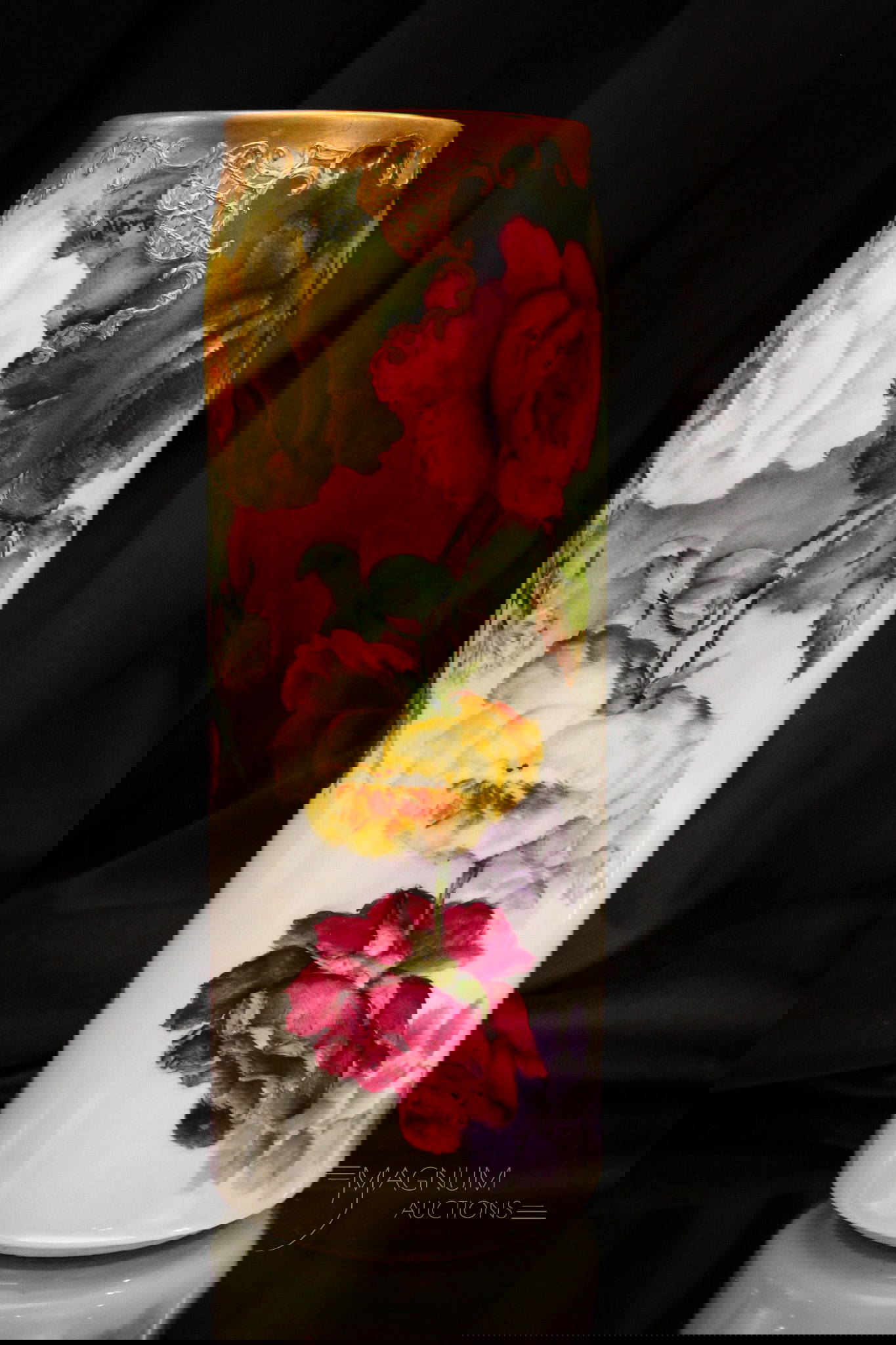 Belleek Hand Painted Porcelain Roses Cylinder 11" Vase Auction