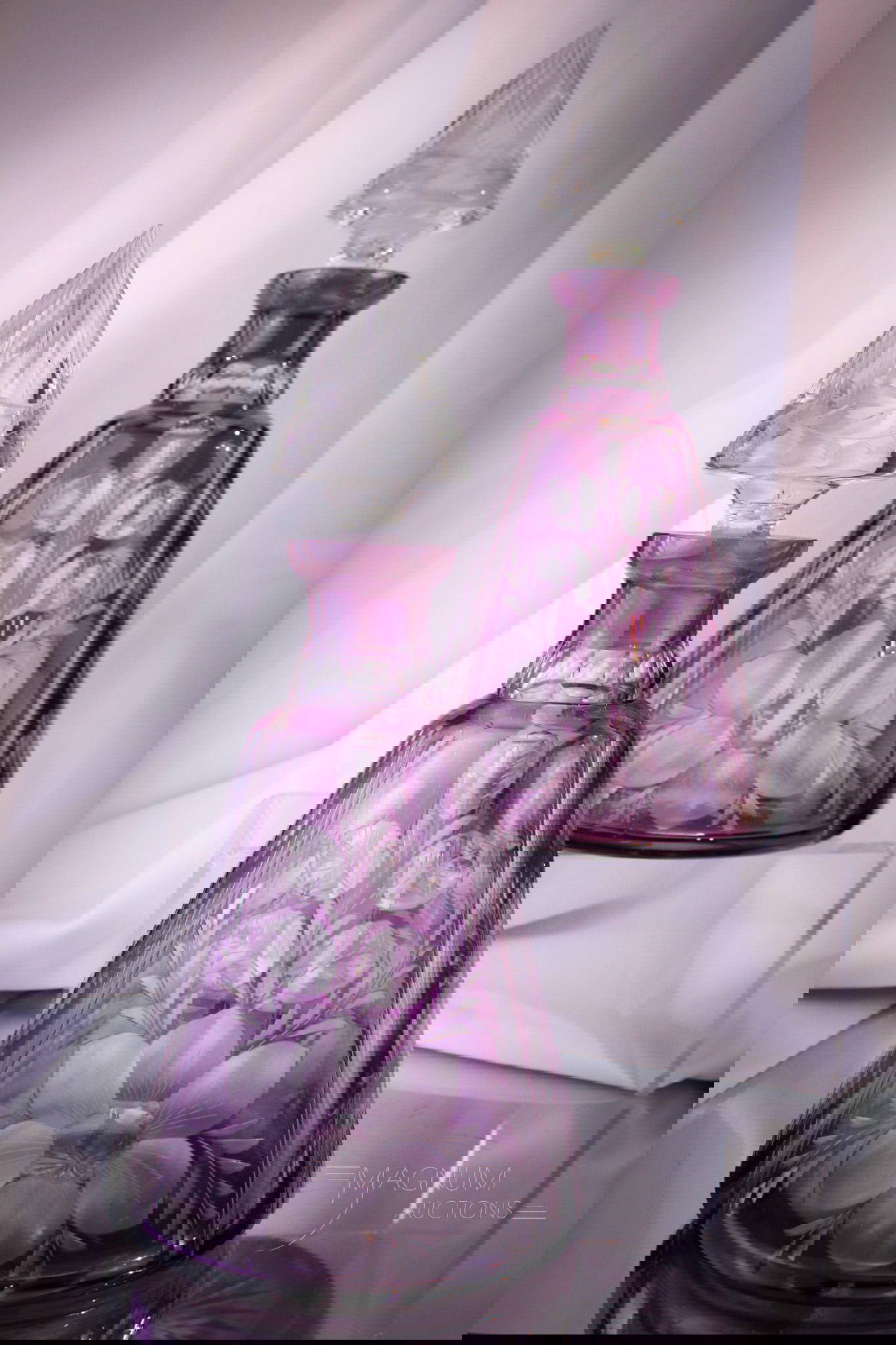 Pair Of Amythest Floral Engraved Cut Glass Decanters Auction