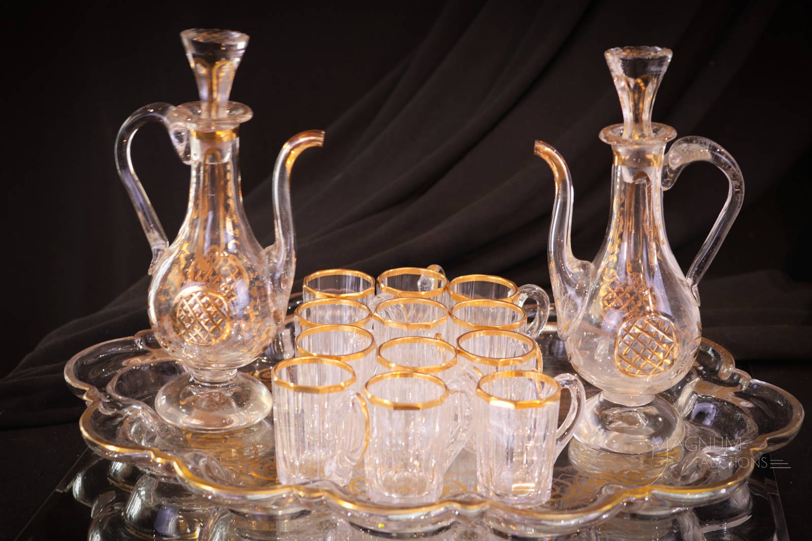 Moser Bohemian 15 Pc Gilt Crystal Cordial Decanter Liquor Set Auction