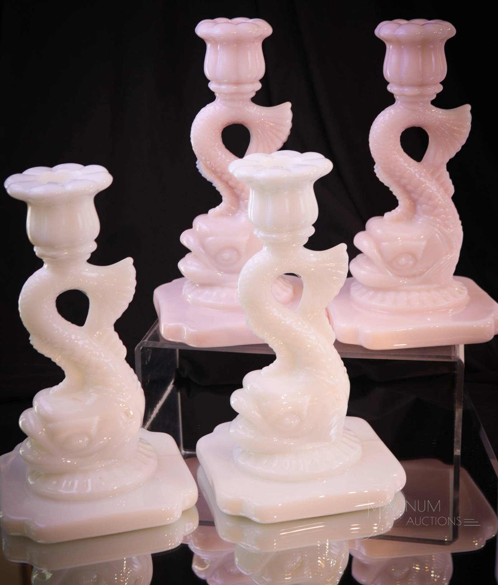 2 Pair Lot Cambridge Glass Dolphin Candlesticks Crown Tuscan & More Auction