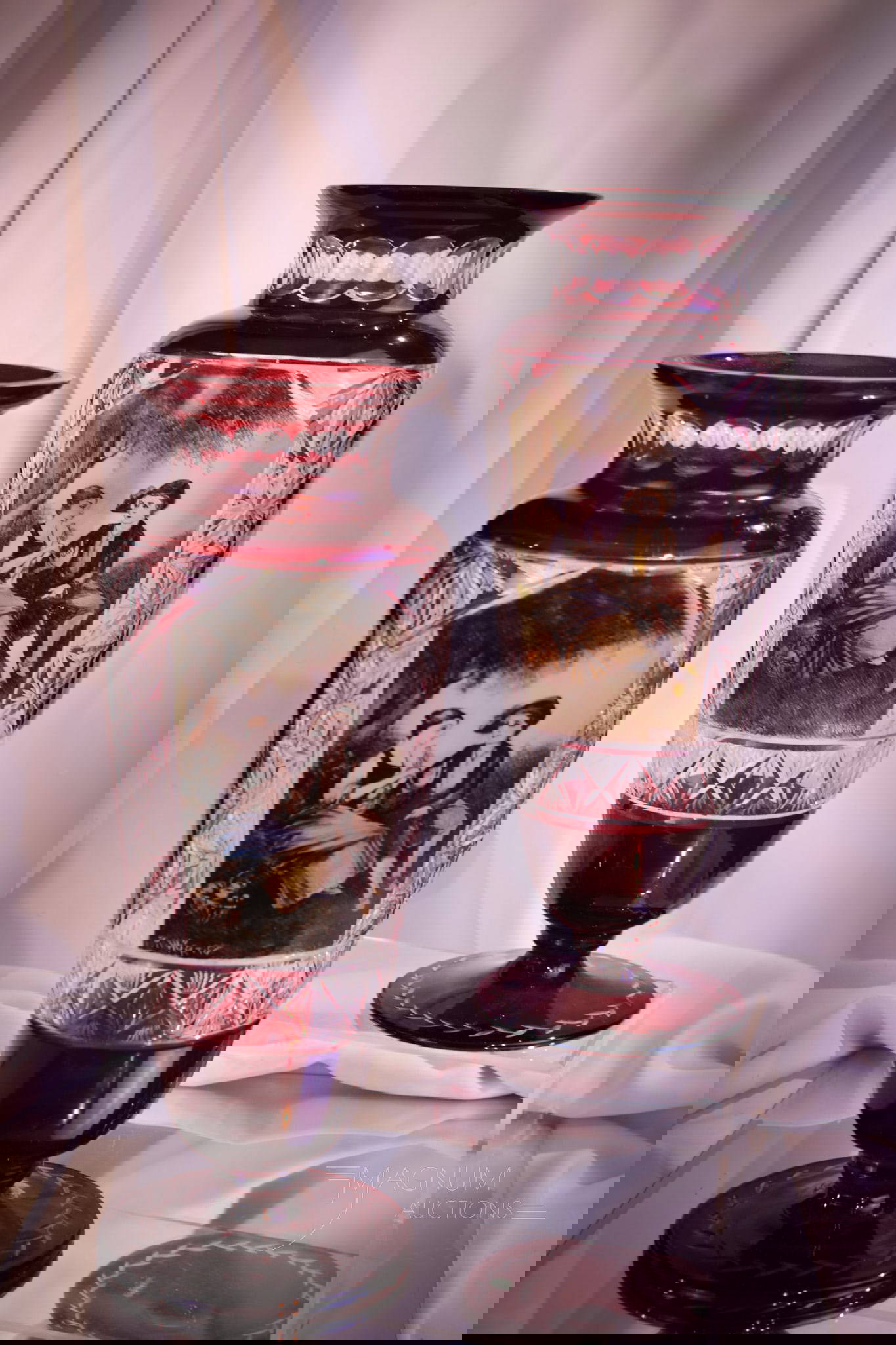 Pair Bohemain Ruby Engraved Glass Painted Scenic 13" Mantle Vases Auction